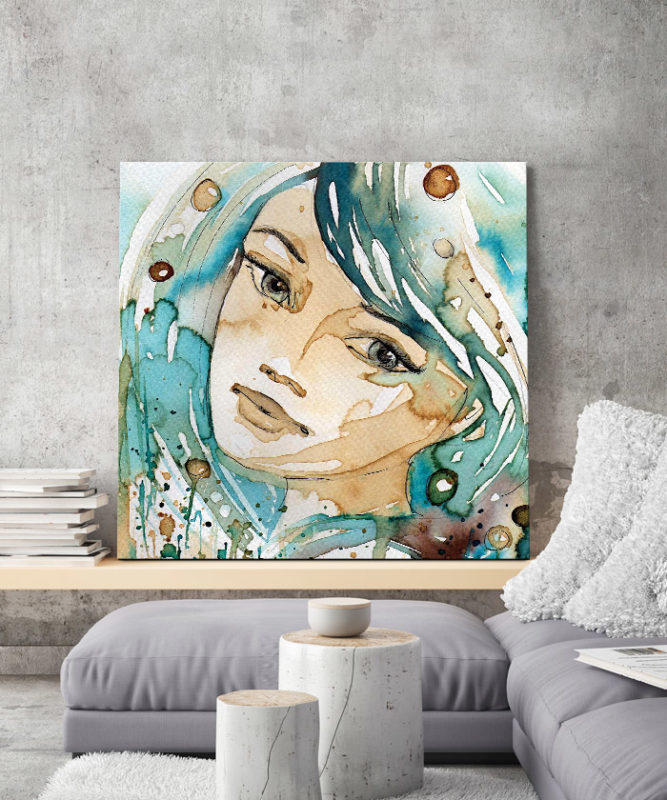 Tableau déco portrait femme aquarelle turquoise - Tableau Deco