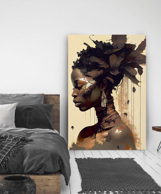 Tableau déco portrait femme africaine à chevelure de feuilles - Tableau ...