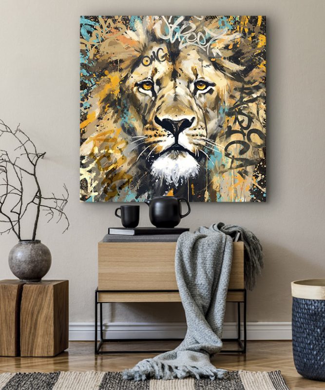 Tableau portrait peinture tête lion street art - Tableau Deco