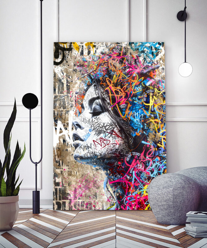 Tableau déco portrait femme gribouillage graffiti street art - Tableau Deco