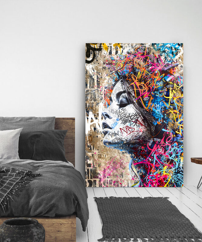 Tableau déco portrait femme gribouillage graffiti street art - Tableau Deco