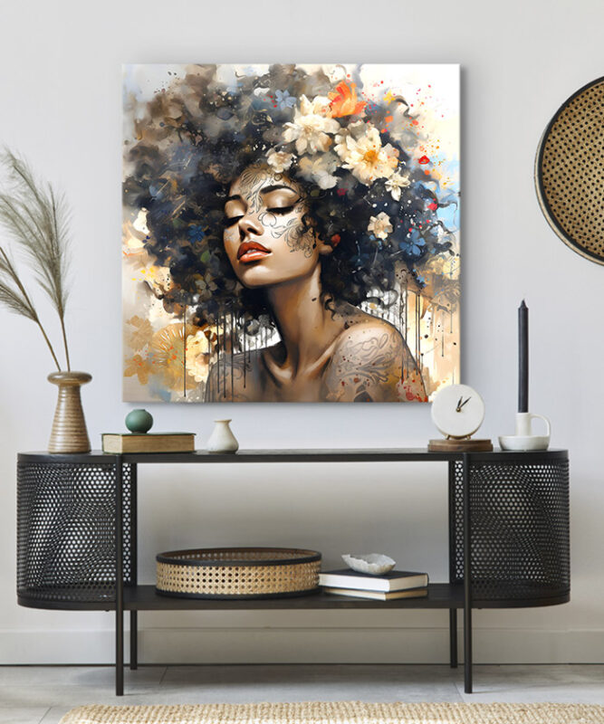 Tableau déco portrait femme pot pourri de fleurs peinture - Tableau Deco