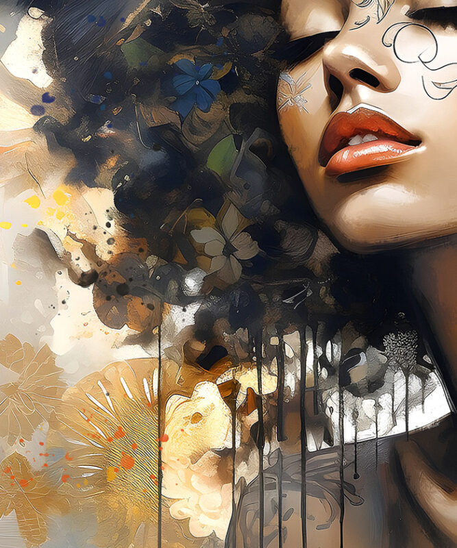 Tableau déco portrait femme pot pourri de fleurs peinture - Tableau Deco