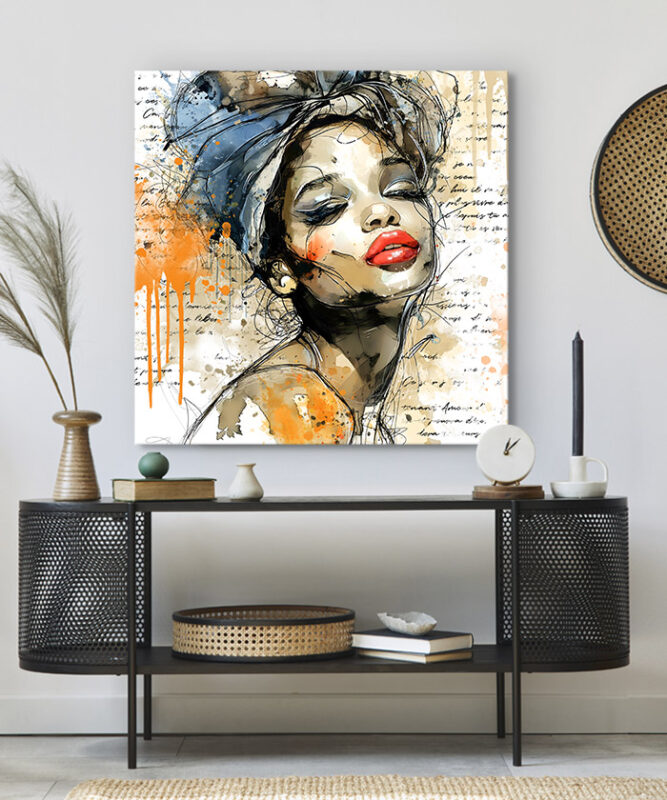 Tableau déco portrait femme peinture aquarelle ocre - Tableau Deco