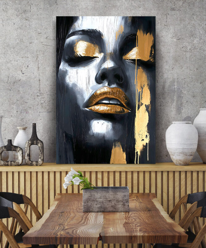 Tableau déco portrait femme peinture esquisse noire et or - Tableau Deco