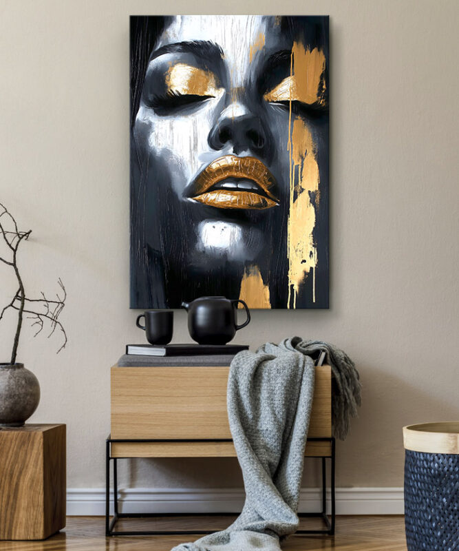 Tableau déco portrait femme peinture esquisse noire et or - Tableau Deco