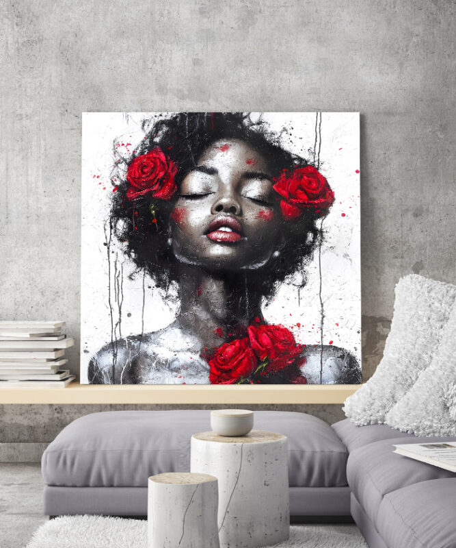 Tableau déco portrait femme roses rouges - Tableau Deco