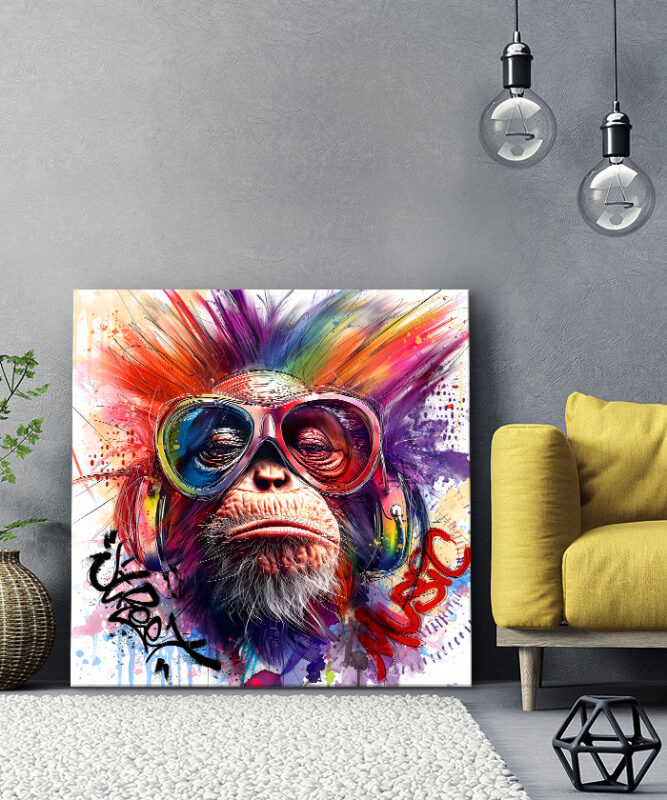 Tableau déco Singe casque musique Pop Art Multicolor - Tableau Deco