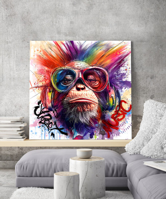 Tableau déco Singe casque musique Pop Art Multicolor - Tableau Deco